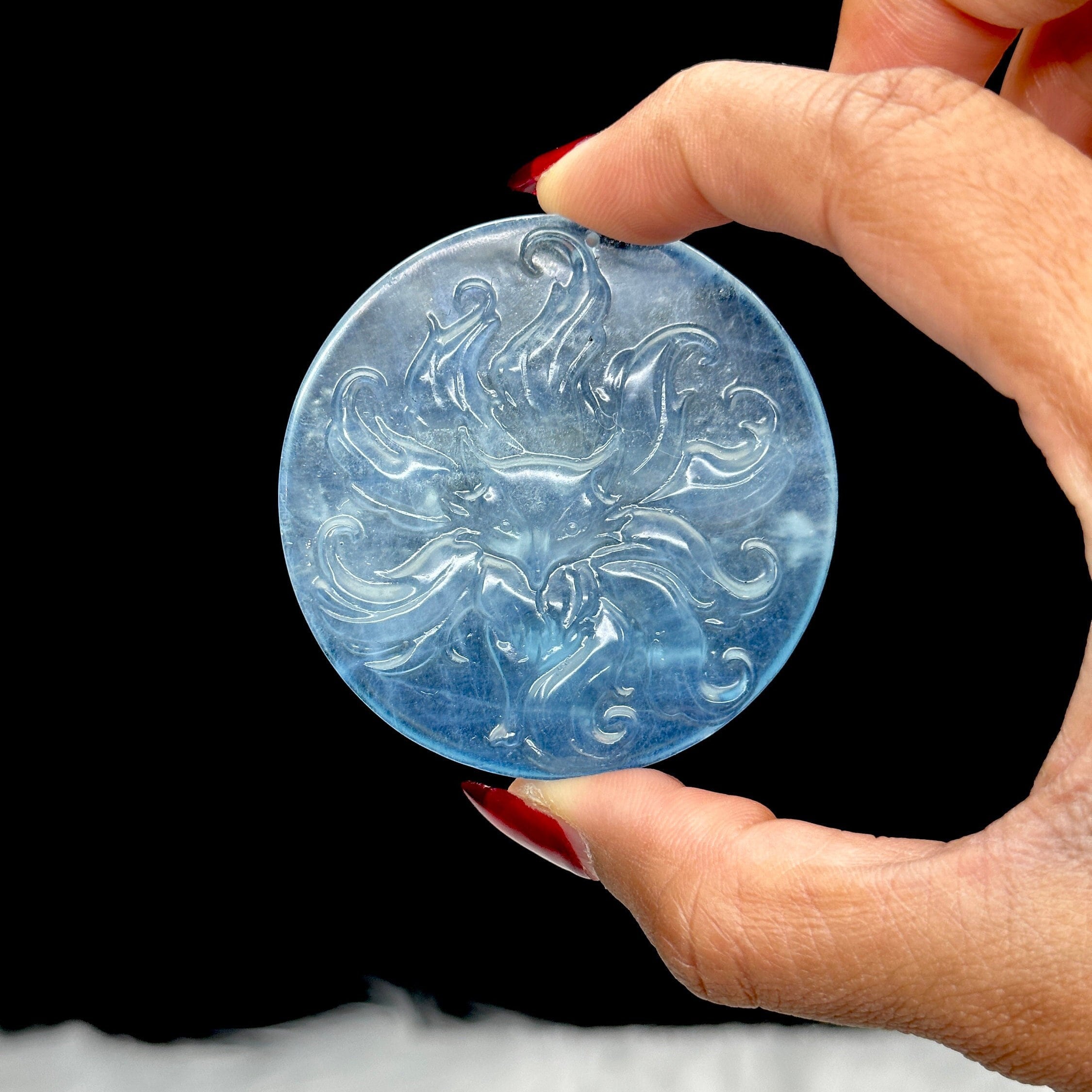Gemmy Sparkly Aquamarine Nine Tail Fox Carving – NirViv Crystals and Jewels